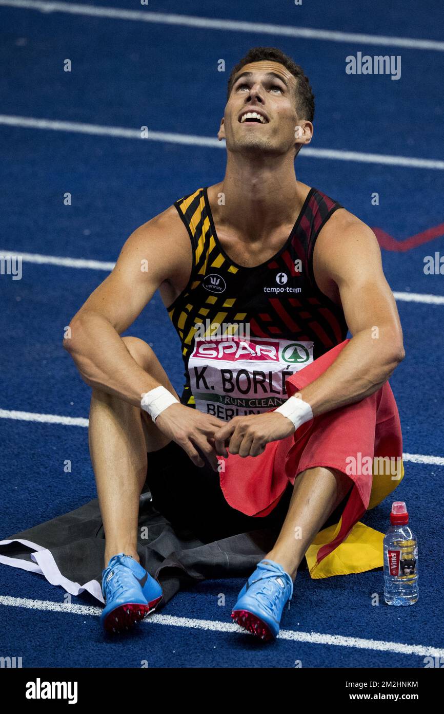 L'athlète belge Kevin Borlee célèbre après avoir terminé deuxième place ...