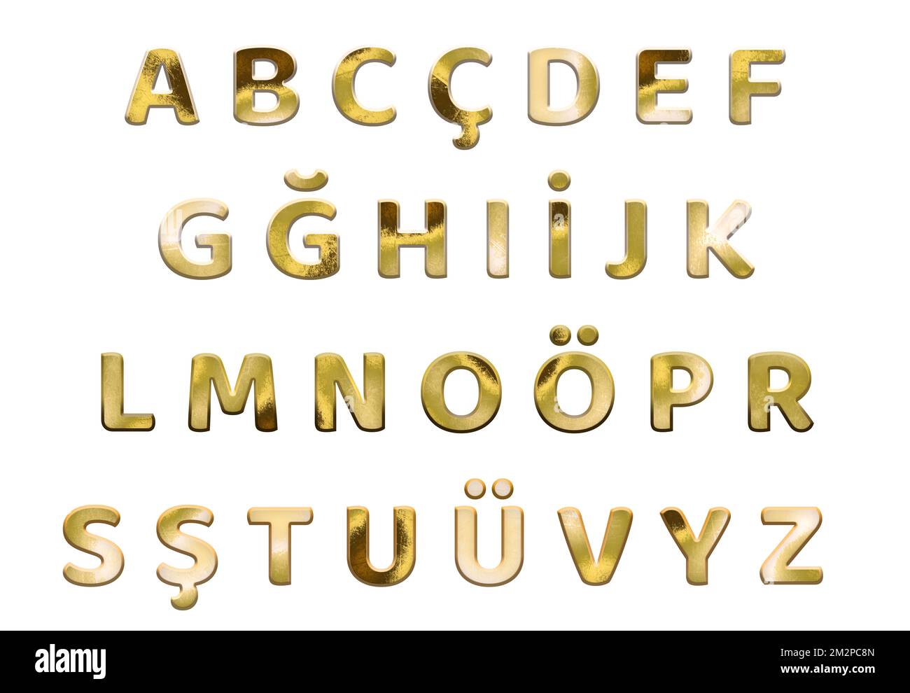 Alphabet turc doré, lettres majuscules. ABC, Traduction: 3D altın ...