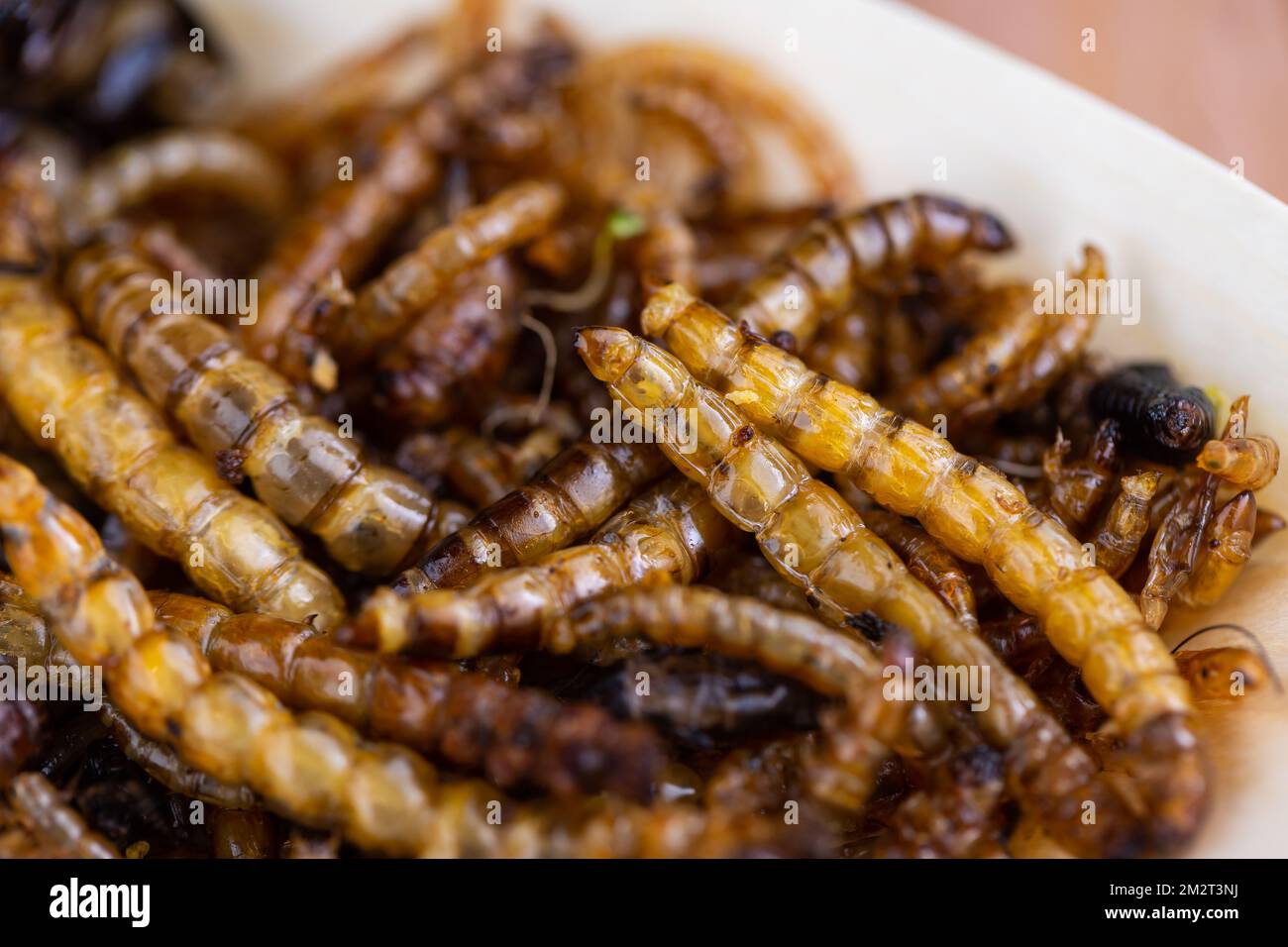 Vers de bois frits et vers de viande sur une planche à découper en bois ...