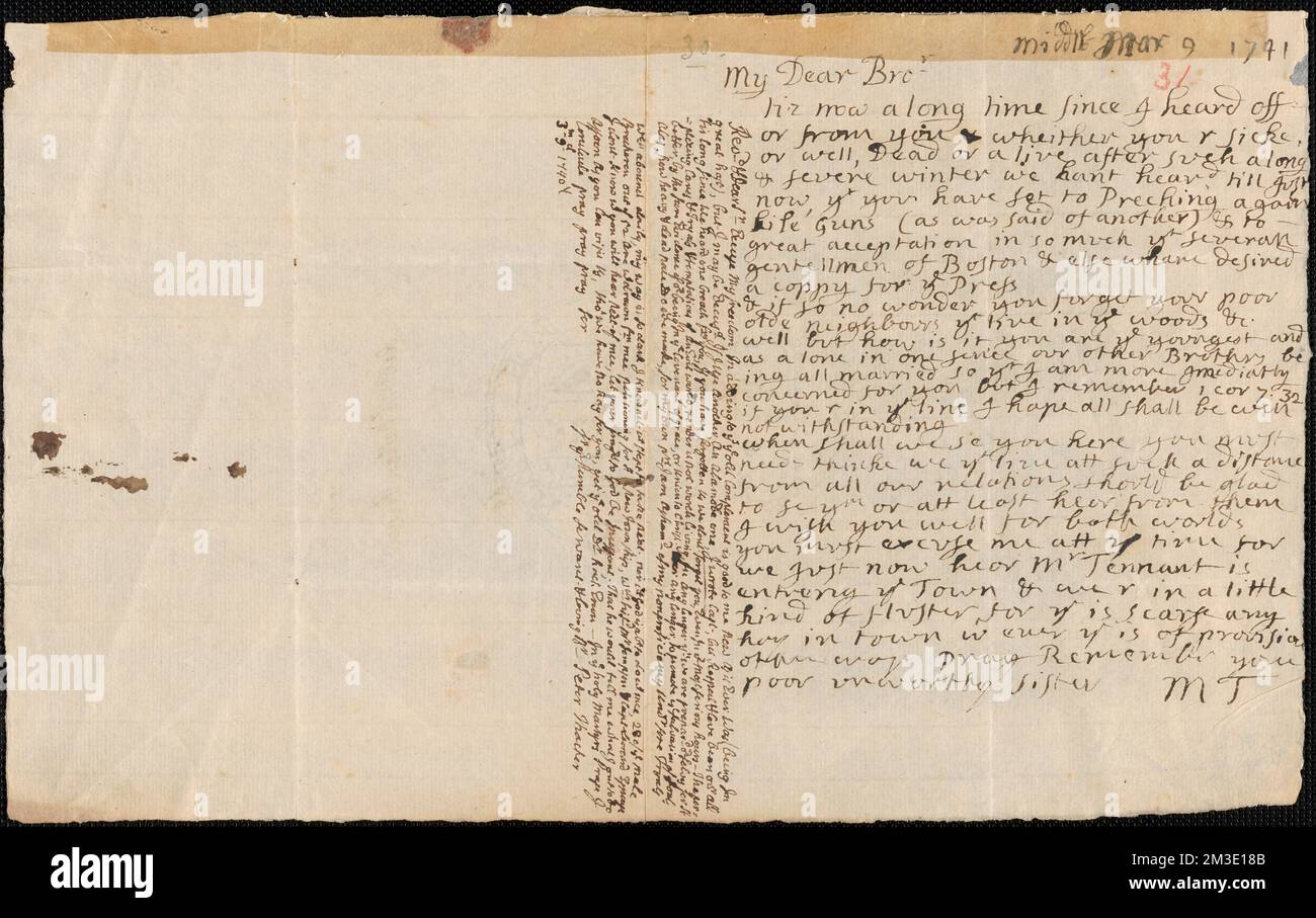 Lettre de Mary Thacher à son frère Peter Thacher, Middleborough, 1741/ ...