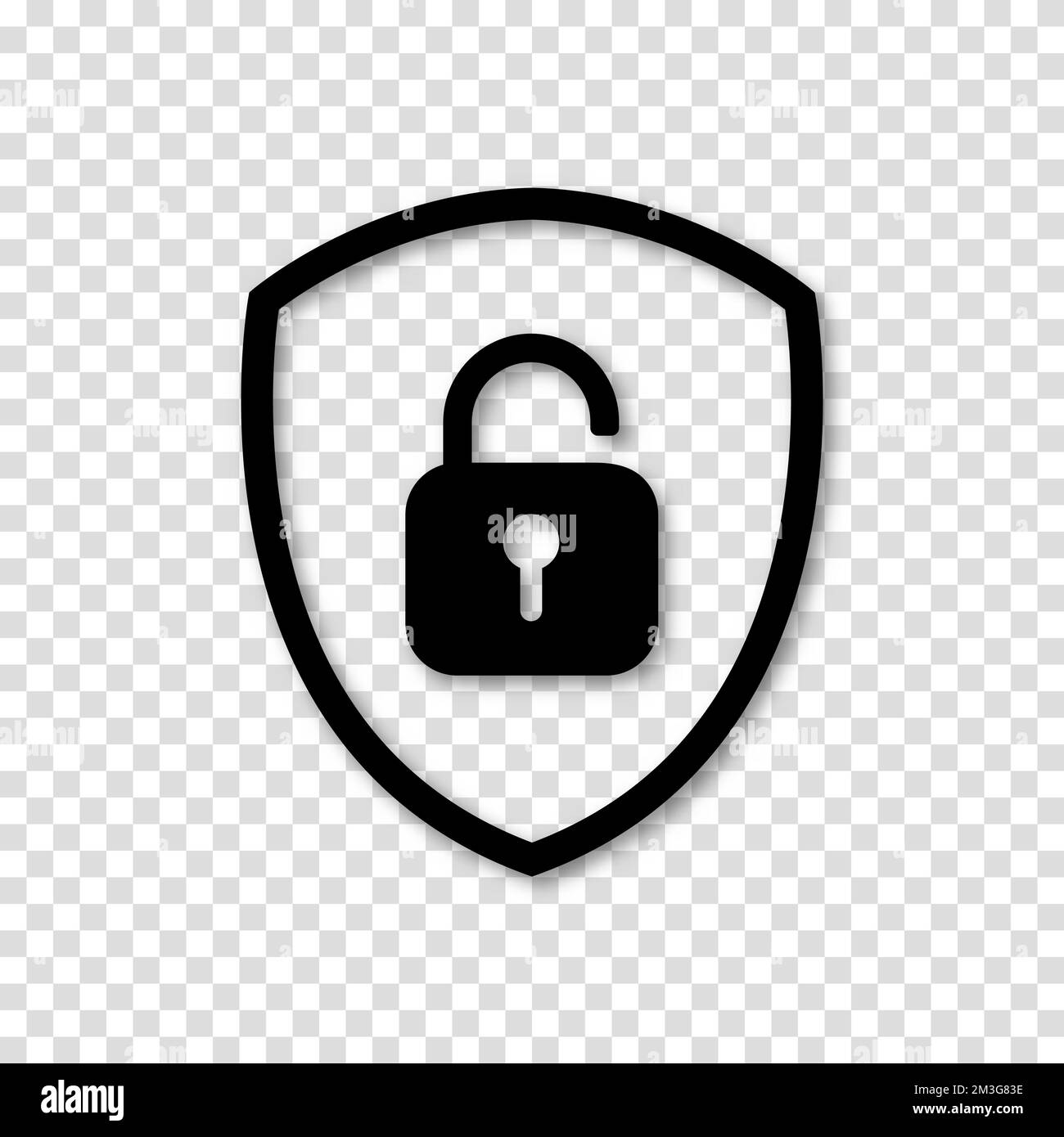 Icône ou symbole d'un bouclier avec un cadenas ouvert. Ouverture de ...