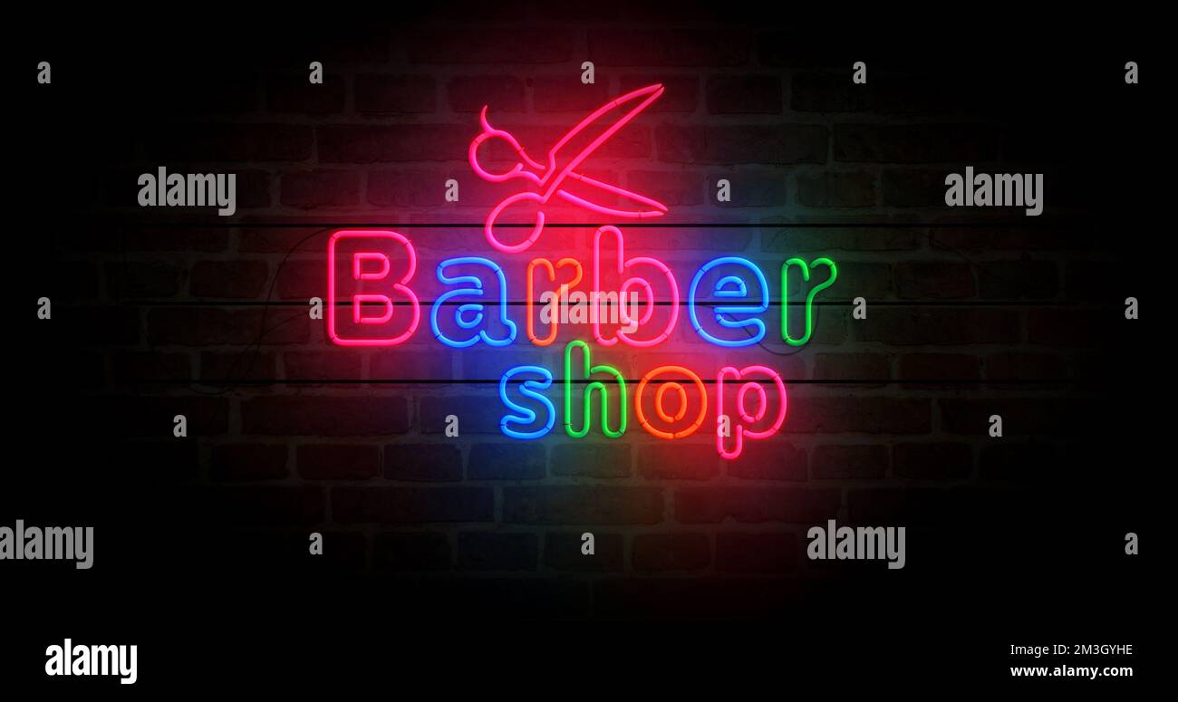Symbole néon barbershop. coiffeur de style rétro, salon de coiffure et ...