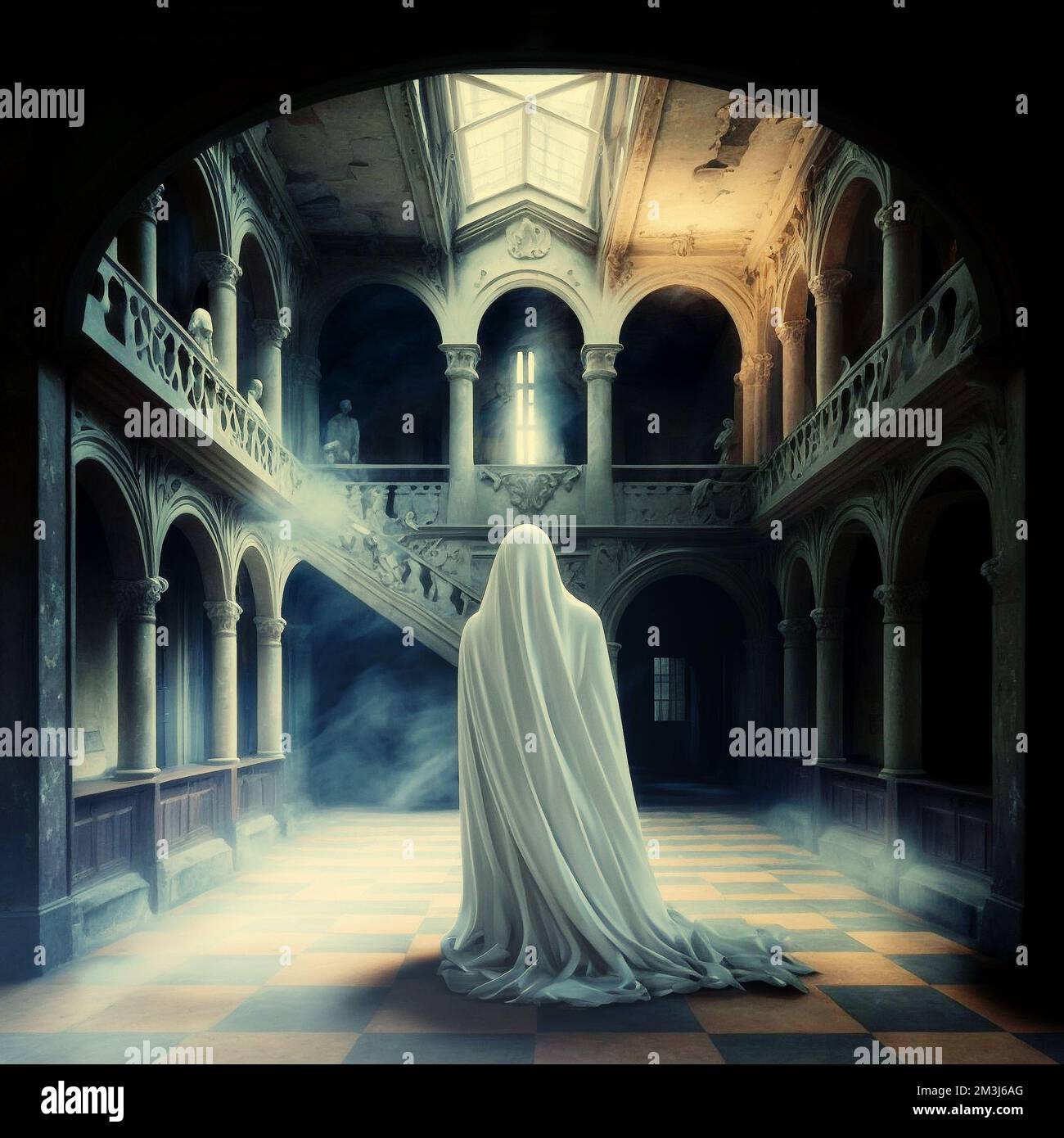 Apparition fantôme dans le hall d'un château de la Renaissance avec ...