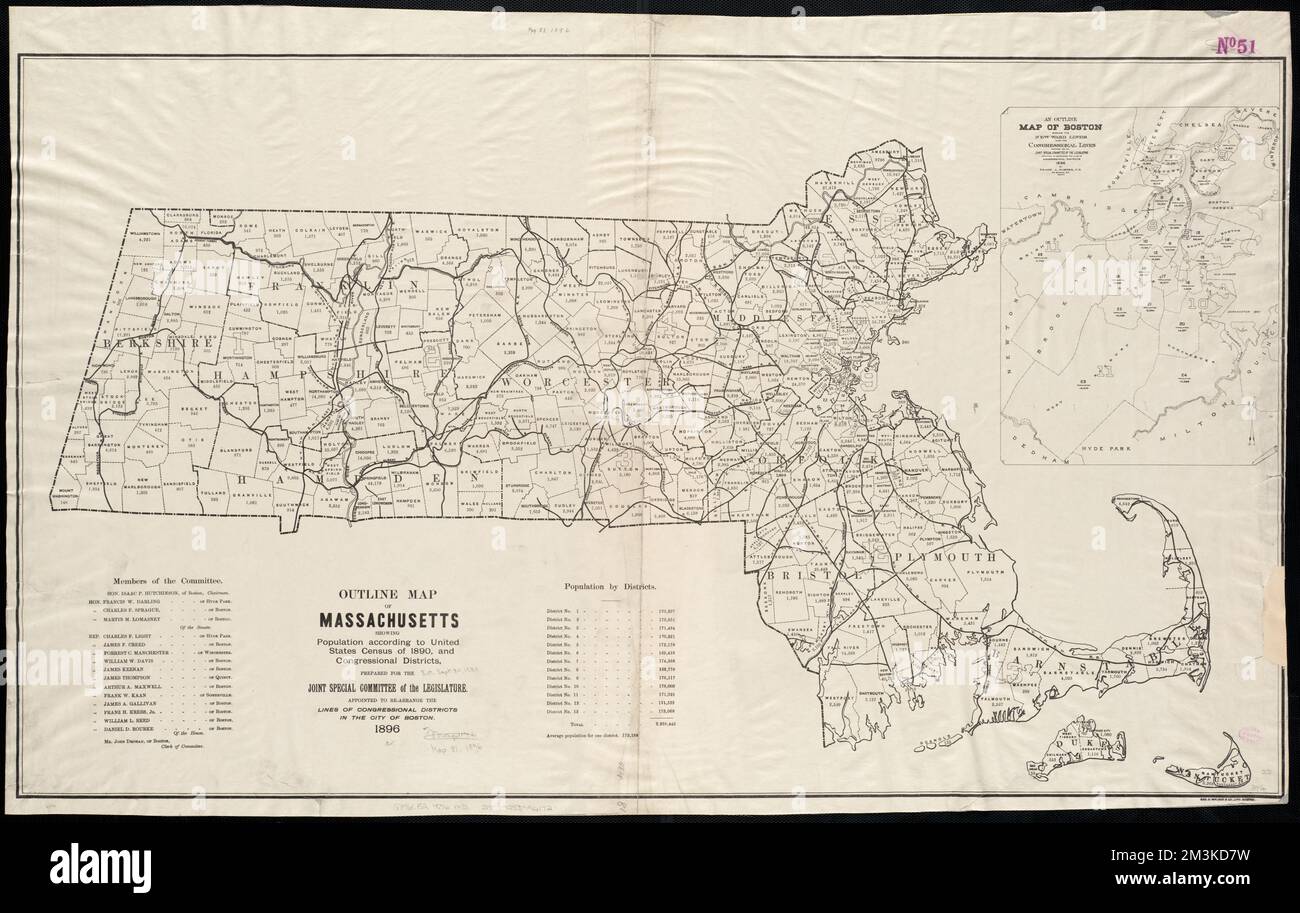 Carte du Massachusetts montrant la population selon le recensement des États-Unis de 1890, et ...