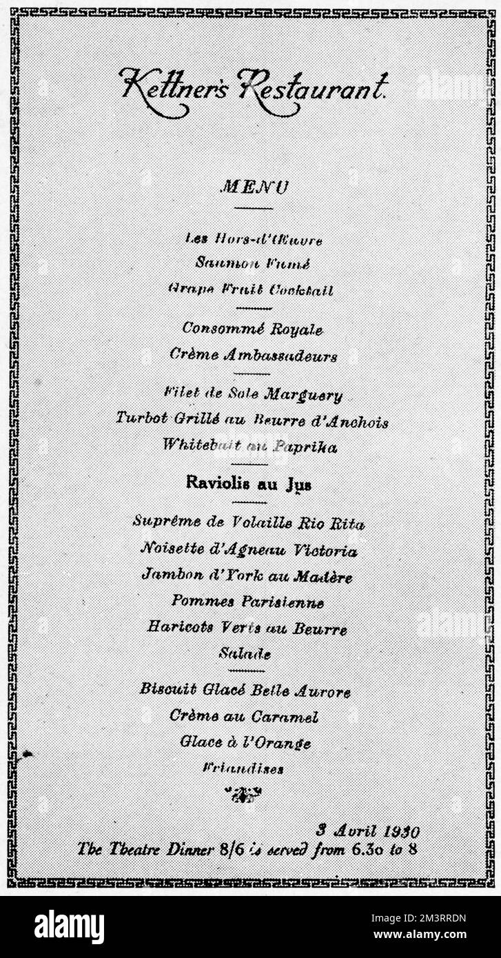 Menu du restaurant 1930 Banque de photographies et d’images à haute ...