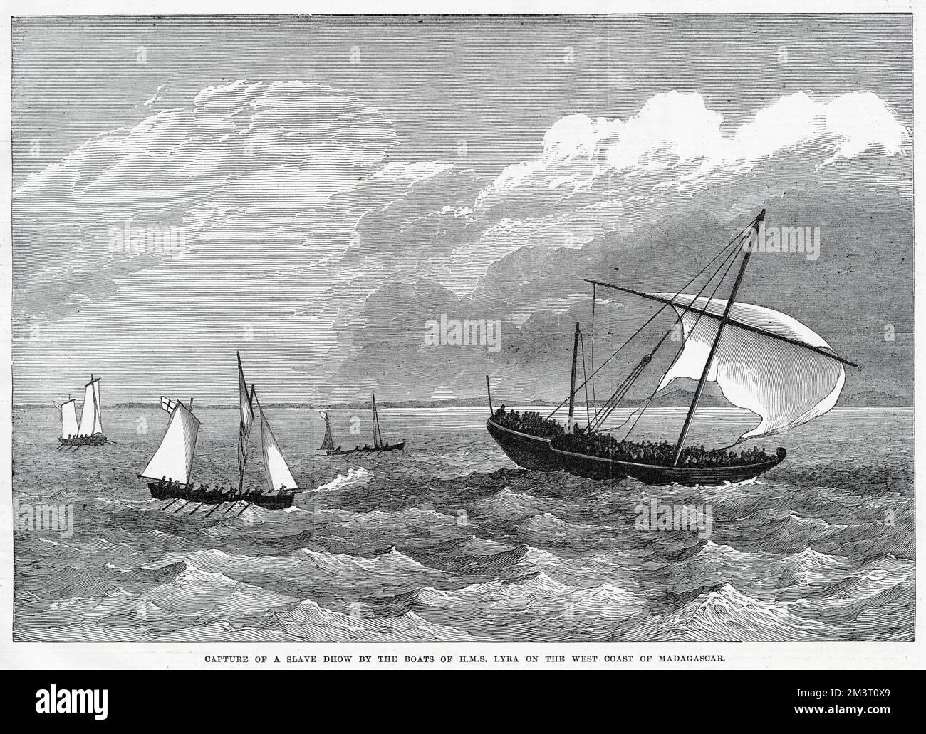 Capture d'un esclave Dhow par les bateaux du HMS Lyra sur la côte ouest ...