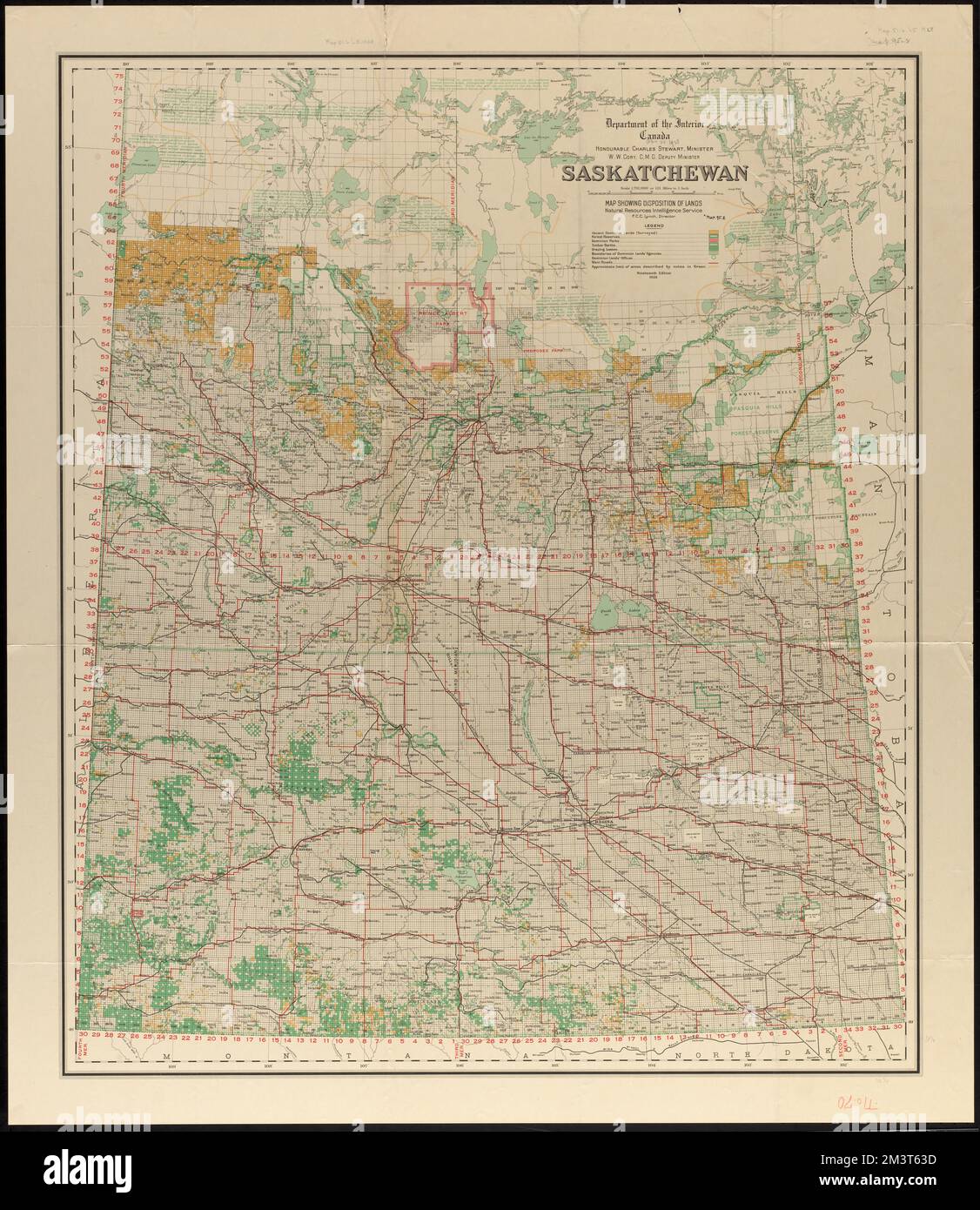 Saskatchewan : carte montrant la disposition des terres, utilisation ...