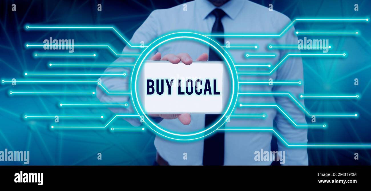 Légende conceptuelle Acheter local. Idée d'affaires condescendant des ...