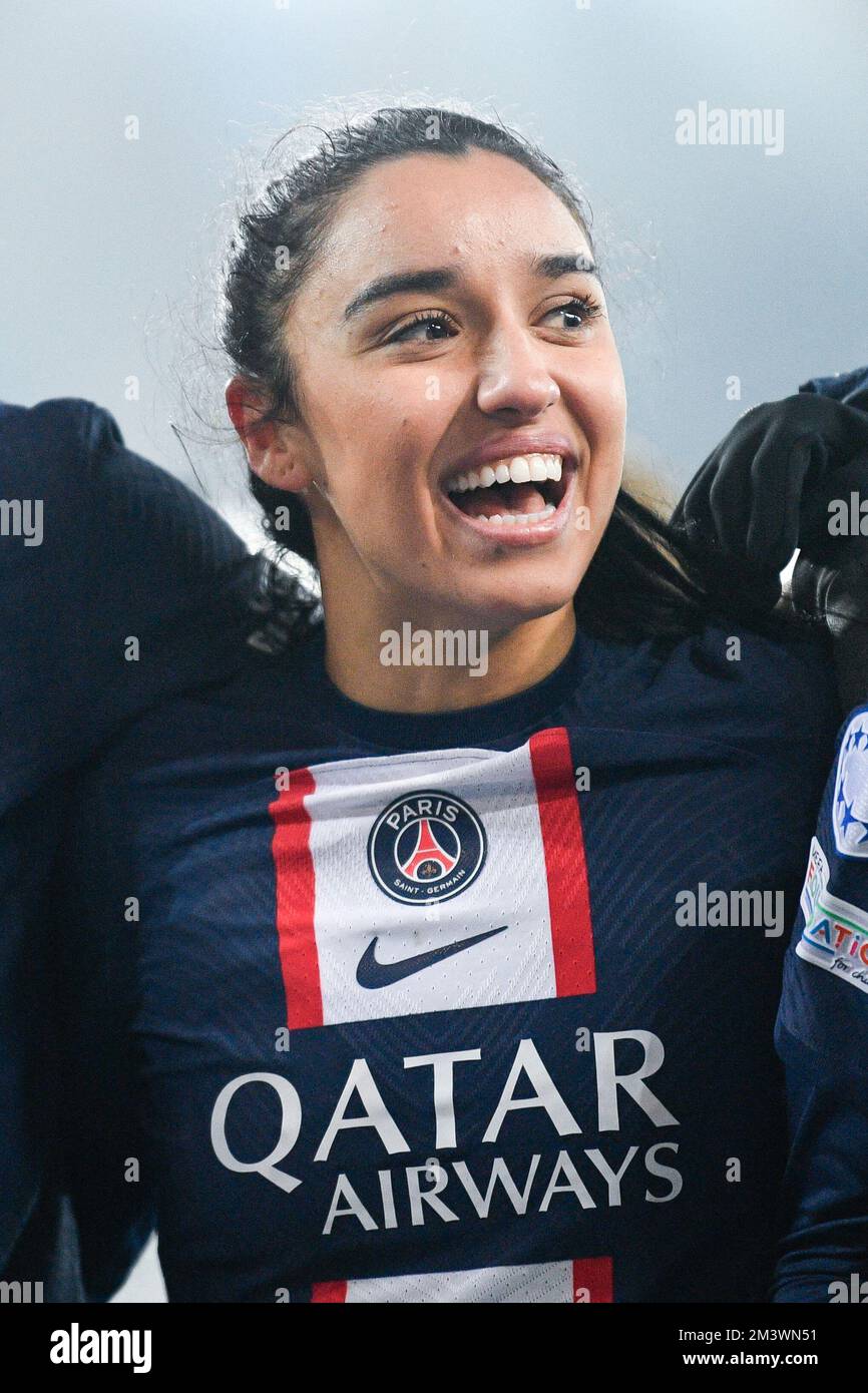 Sakina Karchaoui, du PSG, célèbre lors du match de football de la Ligue des champions de l'UEFA ...