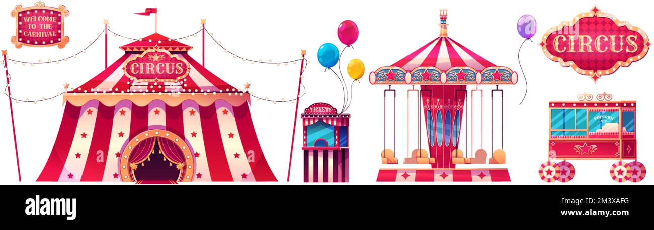 Tente de cirque, carrousel, guichet et chariot à pop-corn. Carnaval ...