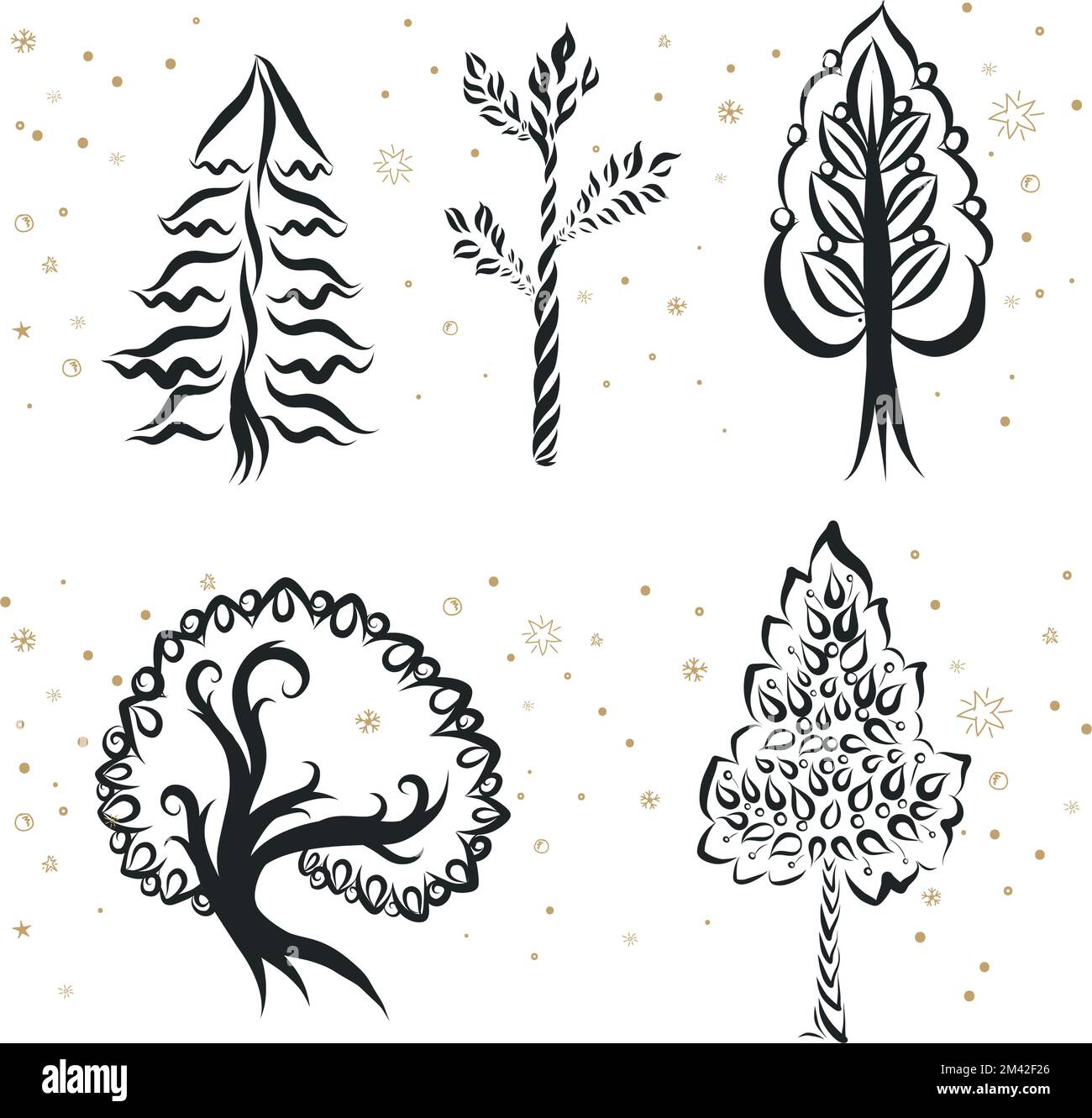 Gravure Doodle Sketchy Set de Monochrome Tree Silhouette. Composition ...