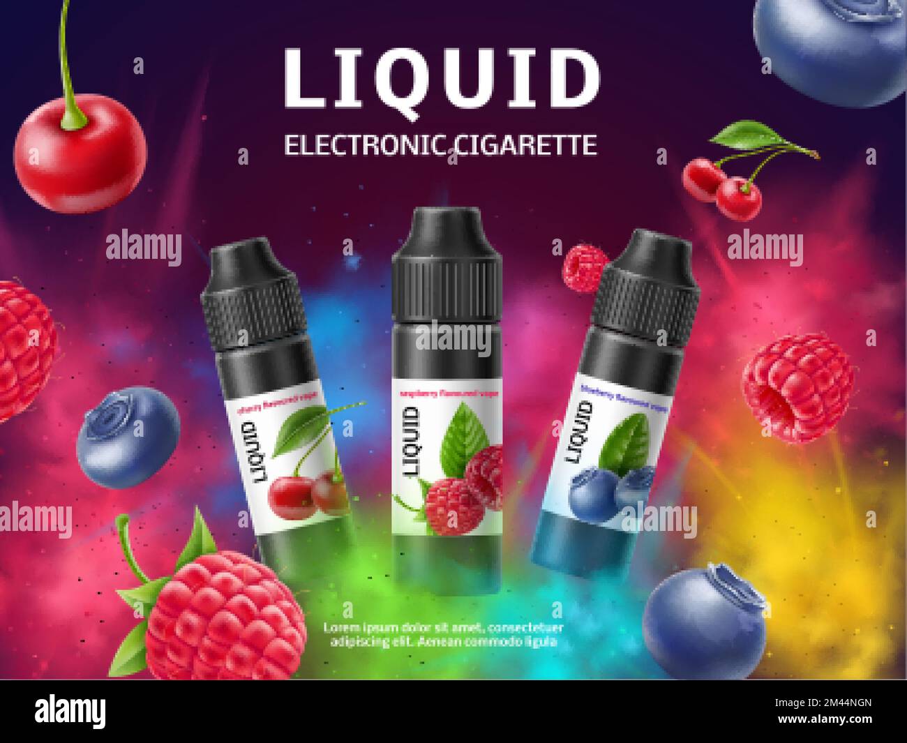 Affiche liquide VAPE. Explosion de saveur colorée, bouteilles réalistes ...