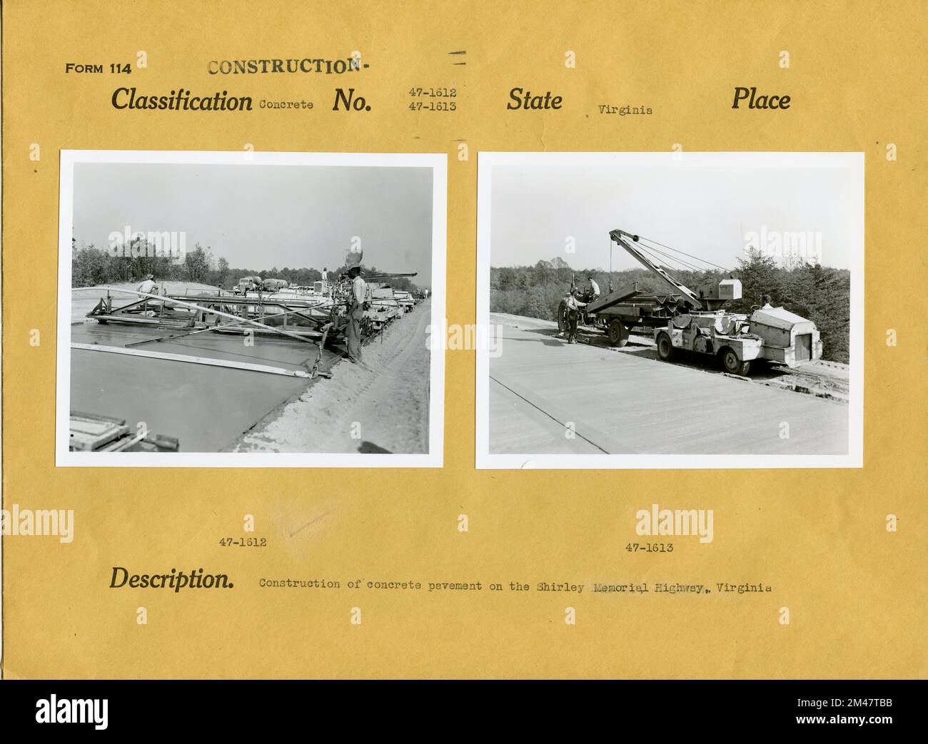 Construction de la chaussée de l'autoroute Shirley Memorial. Légende ...