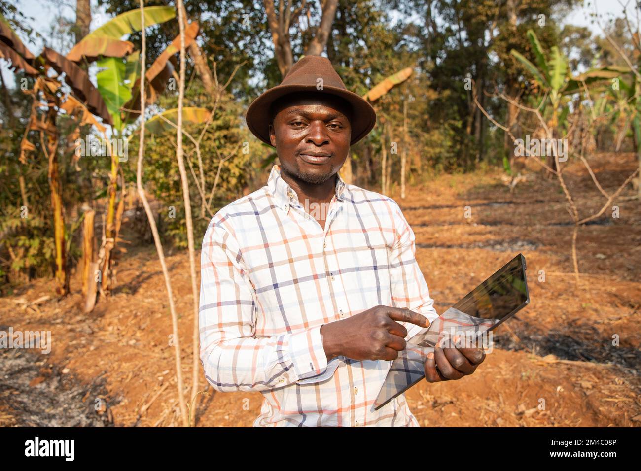 Un agriculteur africain dans son domaine avec une tablette dans sa main ...