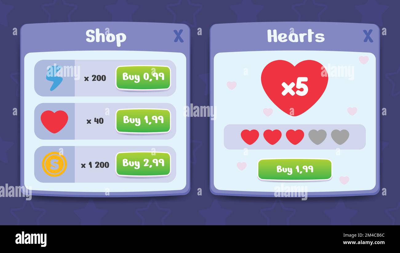 Jeu UI Cartoon fenêtre contextuelle Boutique et coeurs avec différents ...