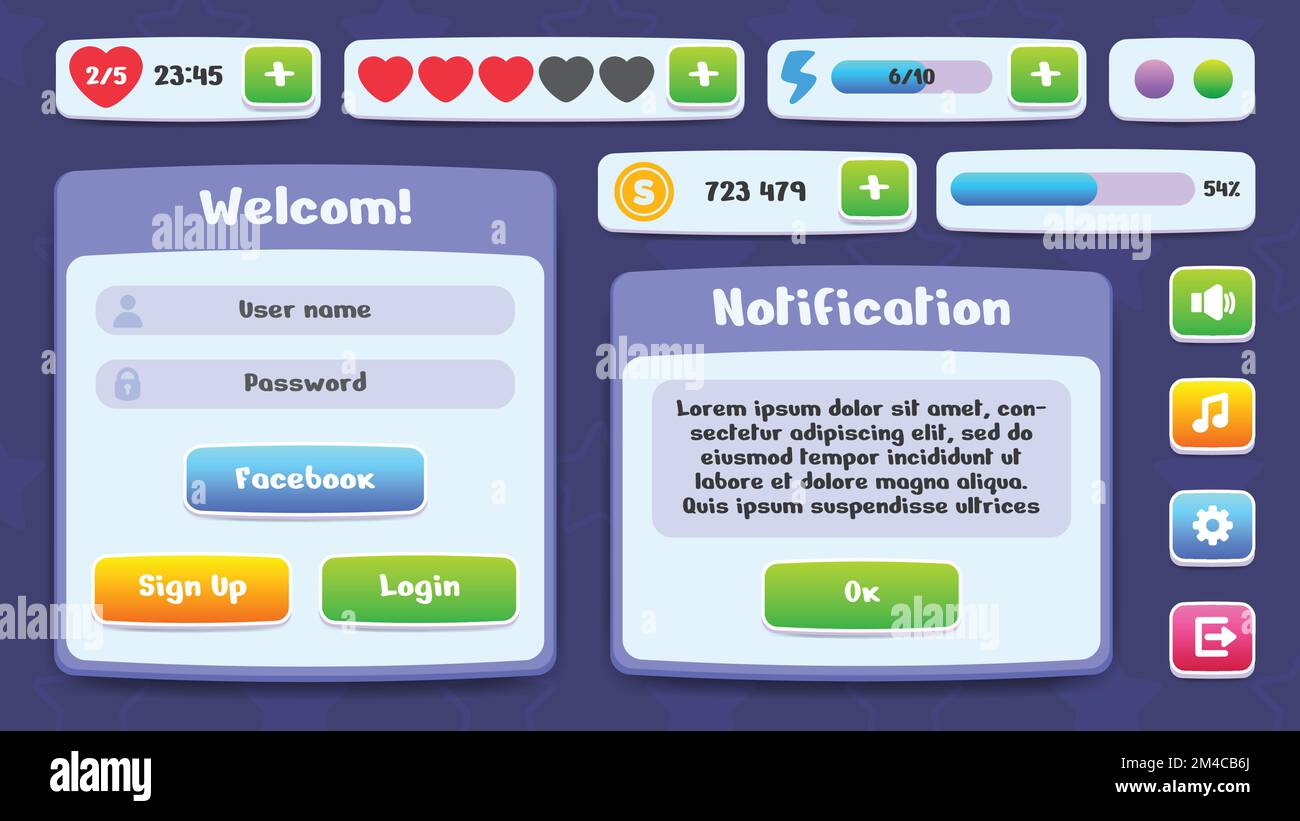 Interface utilisateur pour jeu mobile, application. Kit UI d'icônes, de ...