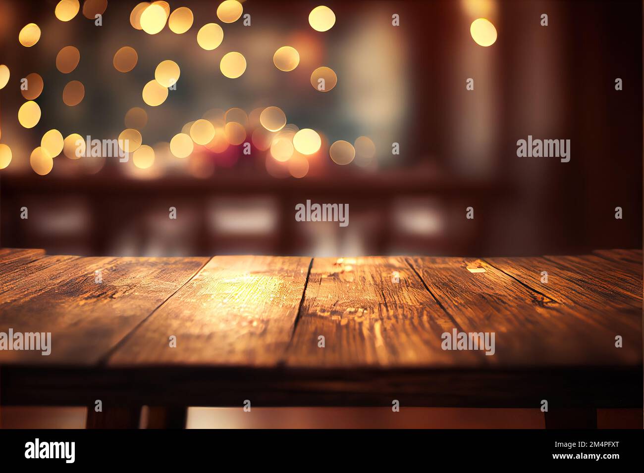 une table en bois avec un fond flou de lumières en arrière-plan d'un ...