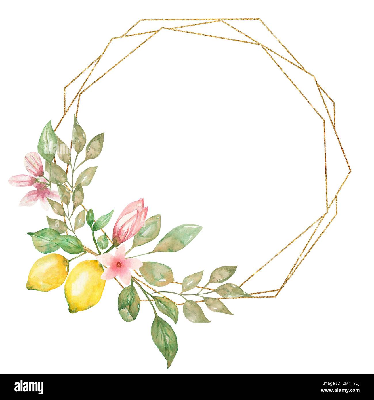 Aquarelle Lemon Wreath Clipart. Cadre à fleurs géométriques dorées ...
