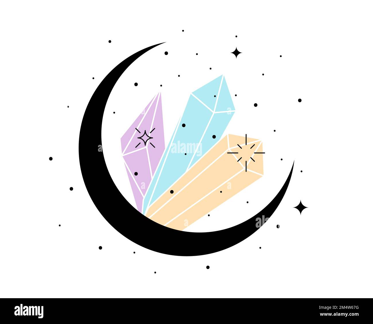 Cristal et étoiles en spiritualité lune. Symbole croissant d'astrologie d'art de ligne avec ...