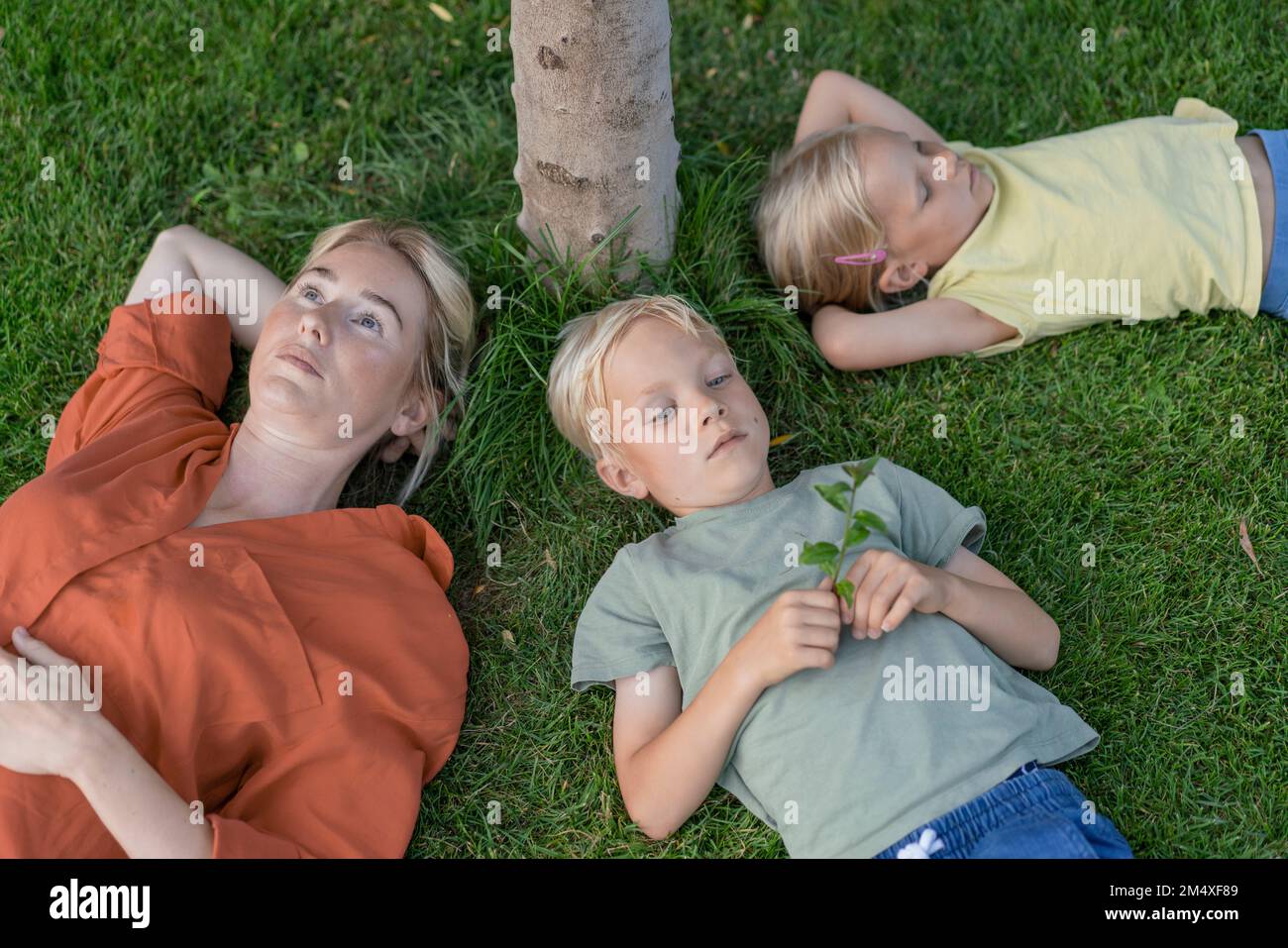 Mère Avec Son Fils Et Sa Fille Couchée Sur Lherbe Photo Stock Alamy