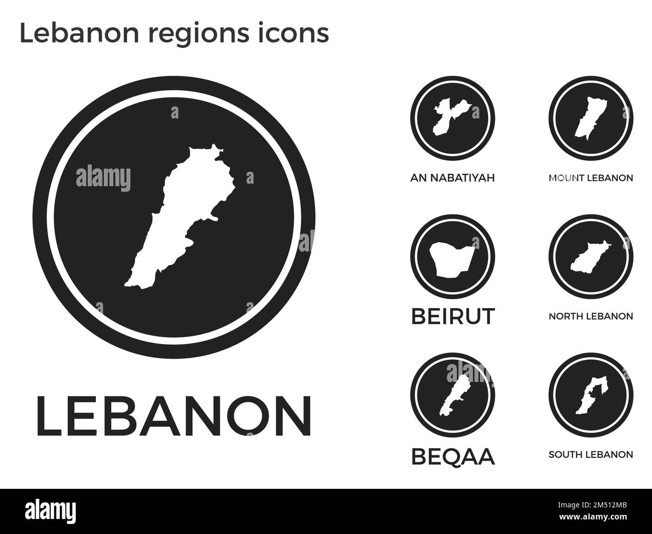 Icônes des régions du Liban. Logos ronds noirs avec cartes et titres ...