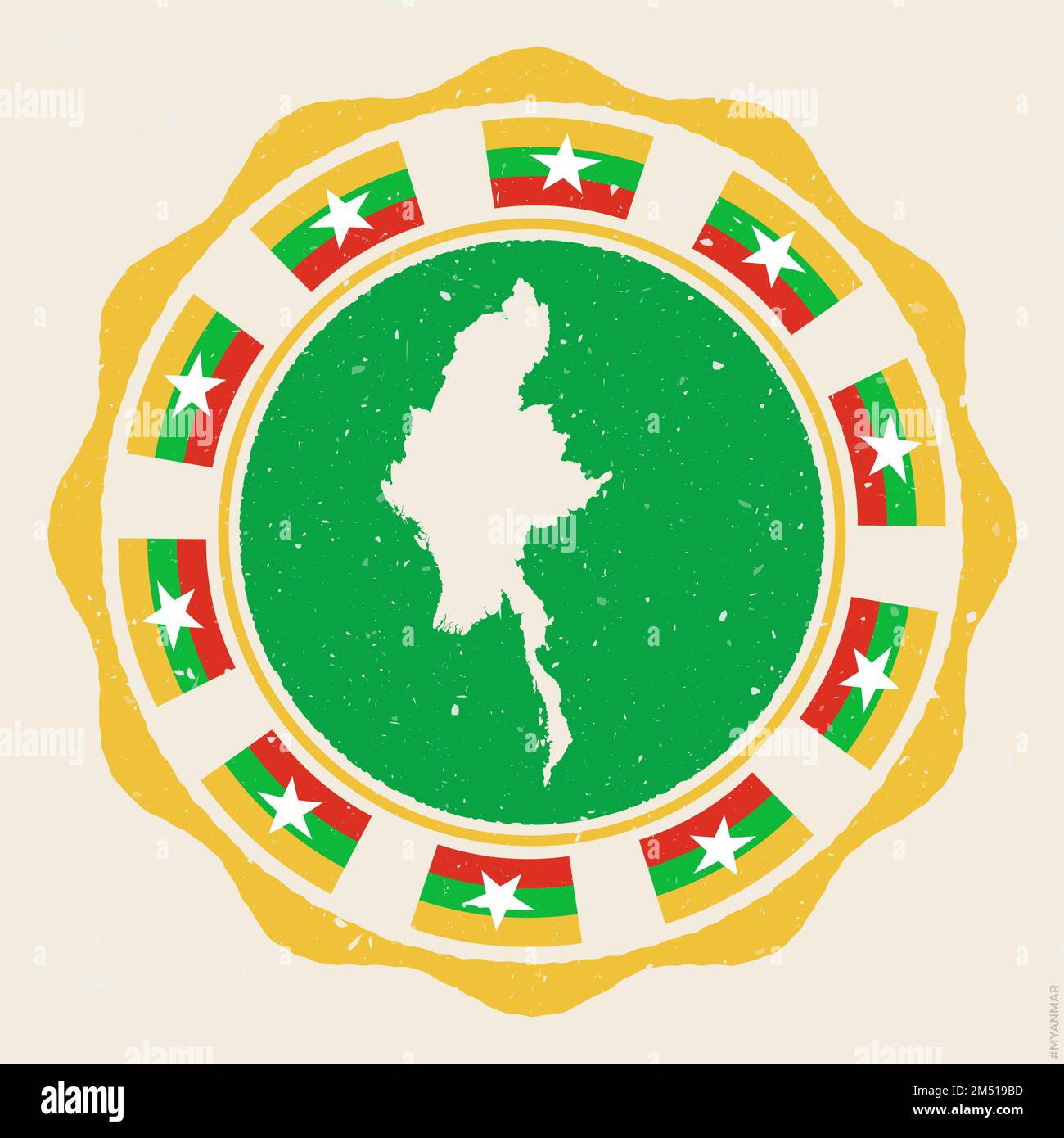 Panneau d'époque Myanmar. Grunge logo rond avec carte et drapeaux du ...