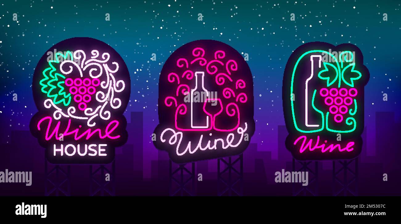 Logos de vin dans un style tendance au néon. Logo, enseigne lumineuse ...