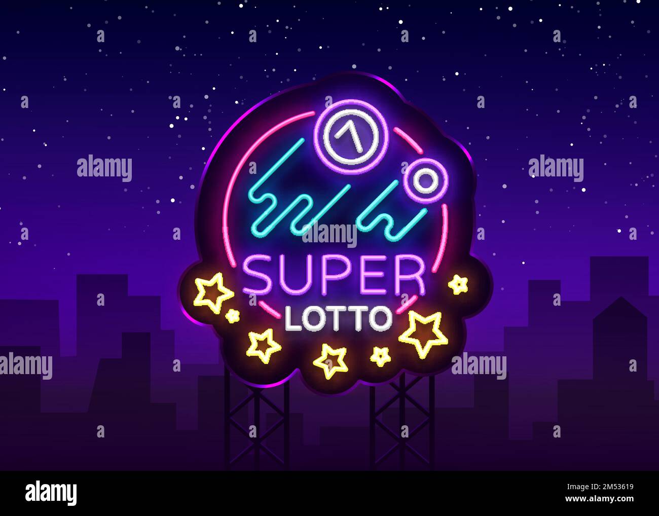 Panneau néon Super loto. Logo lotto de bingo dans un style néon ...