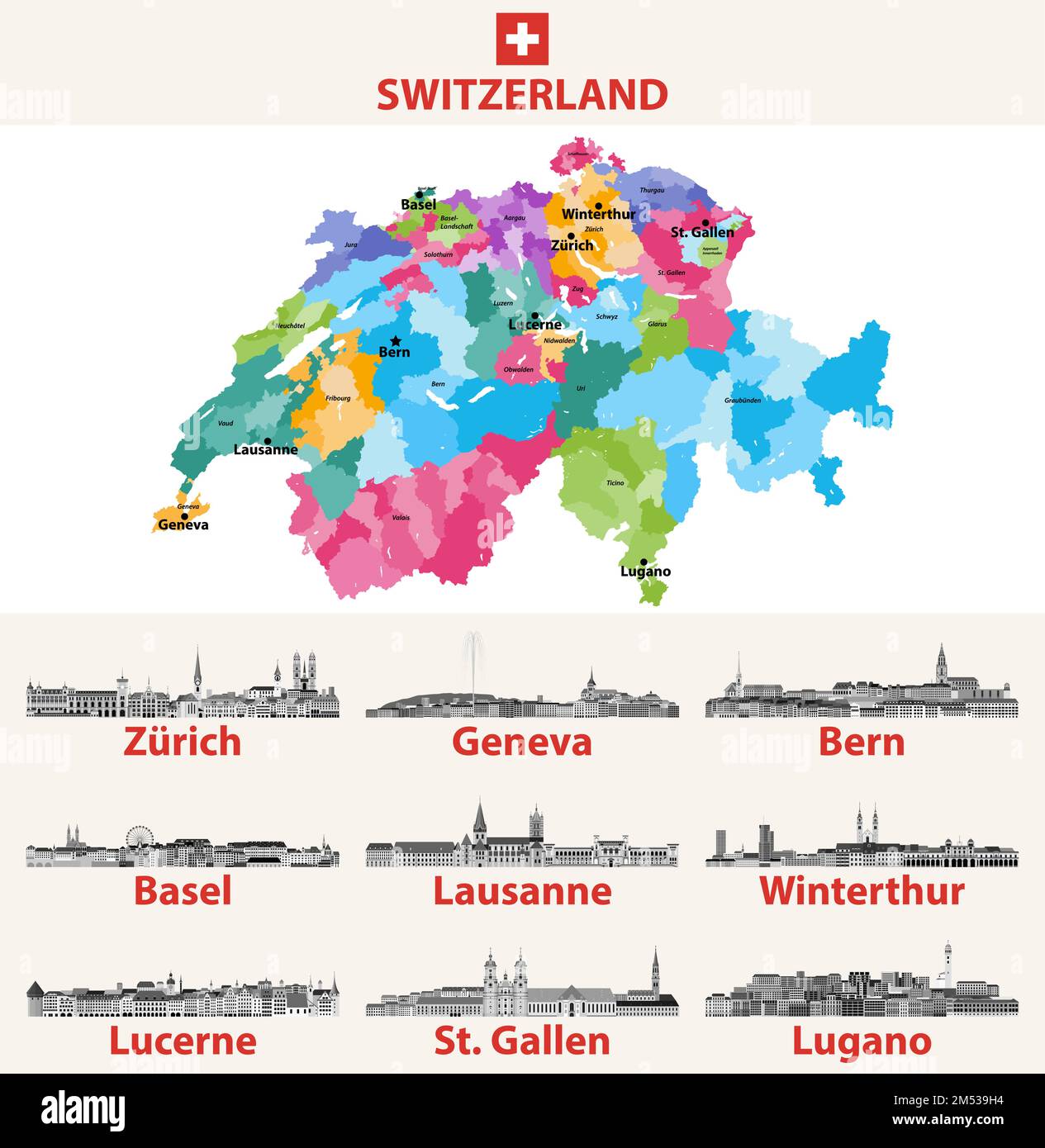 Carte de la Suisse avec les principales villes. Les illustrations de ...
