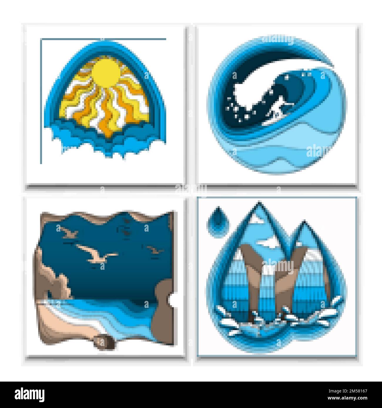 Affiches d'été de style découpé en papier avec soleil, nuages, surfeur ...
