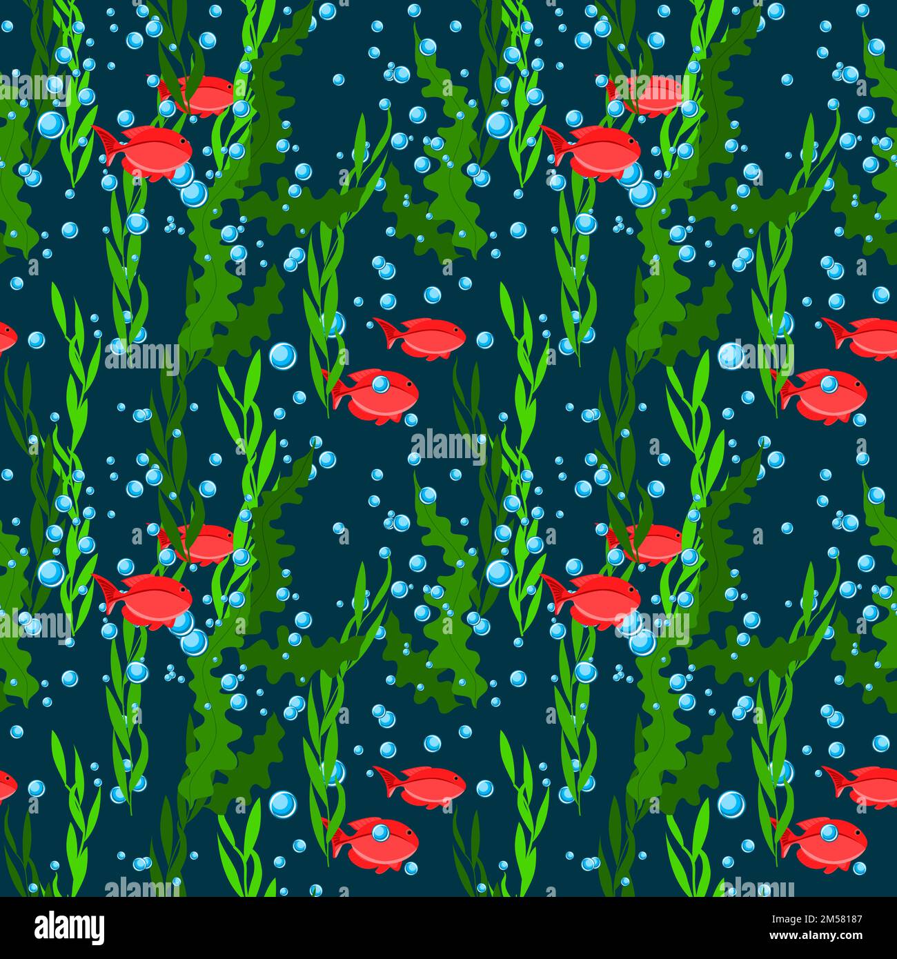 Fond bleu foncé avec bulles d'air, poissons et algues sous-marines ...