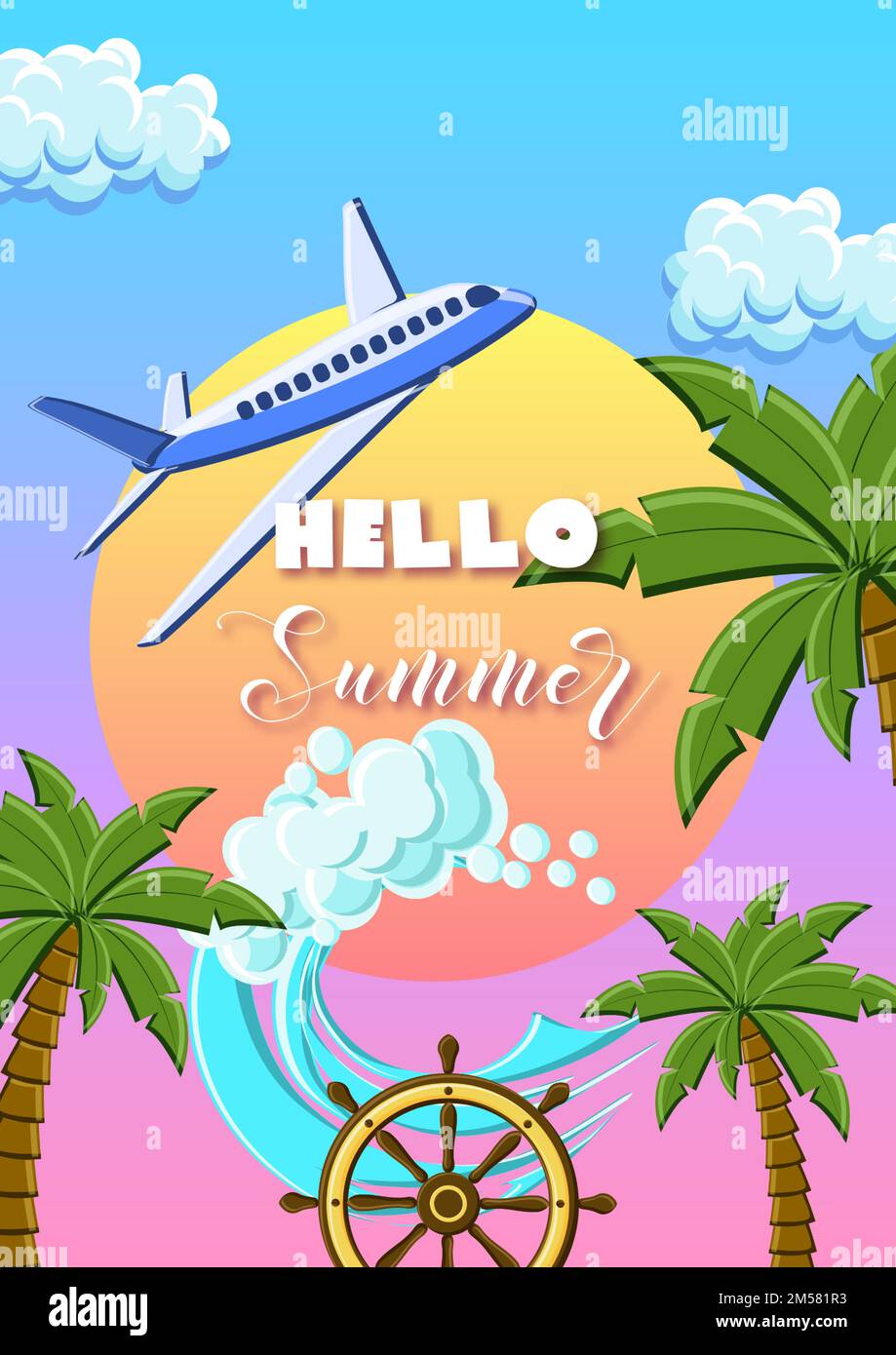 Modèle d'affiche Hello Summer avec palmiers, avion, vagues de l'océan ...
