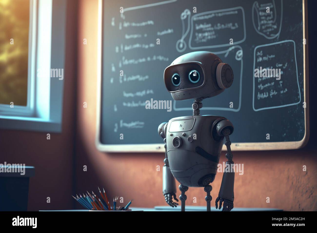 Professeur de robot d'éducation humanoïde devant une école de classe ...