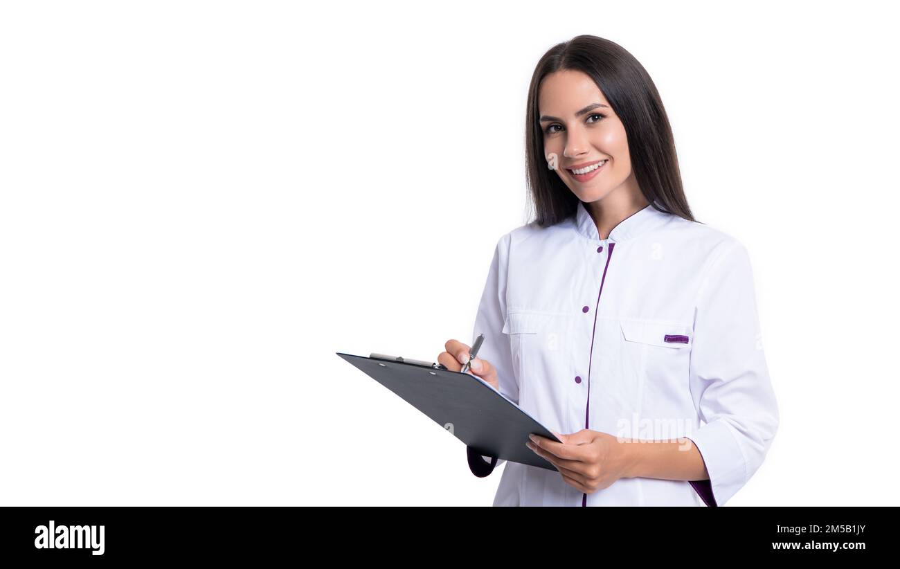 médecin notant l'anamnèse isolée sur fond blanc, espace de copie ...