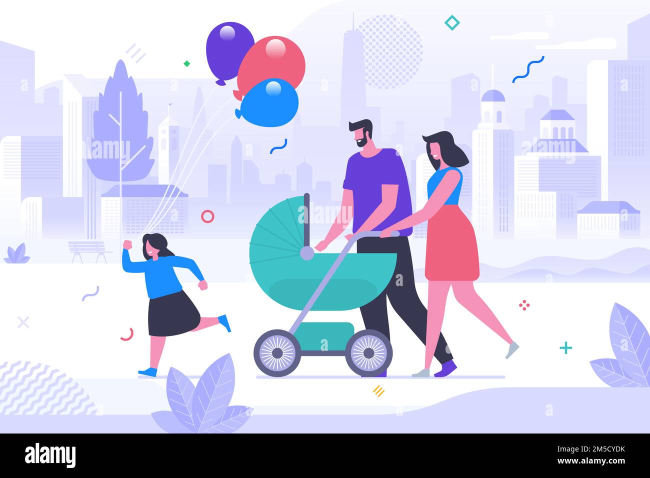 Jeune famille sur l'illustration vectorielle plate de promenade. Mère ...