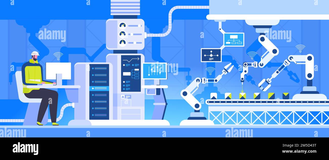 Illustration moderne à vecteur plat Smart Factory. Ingénieur ...