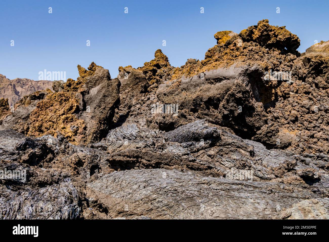 Lave repliée dans différentes couleurs dans le cratère du volcan Pico ...
