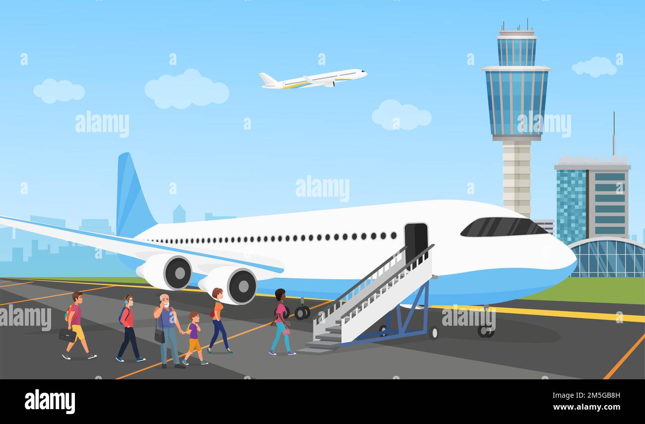 Personnes dans l'aéroport, file d'attente de voyageurs et illustration ...