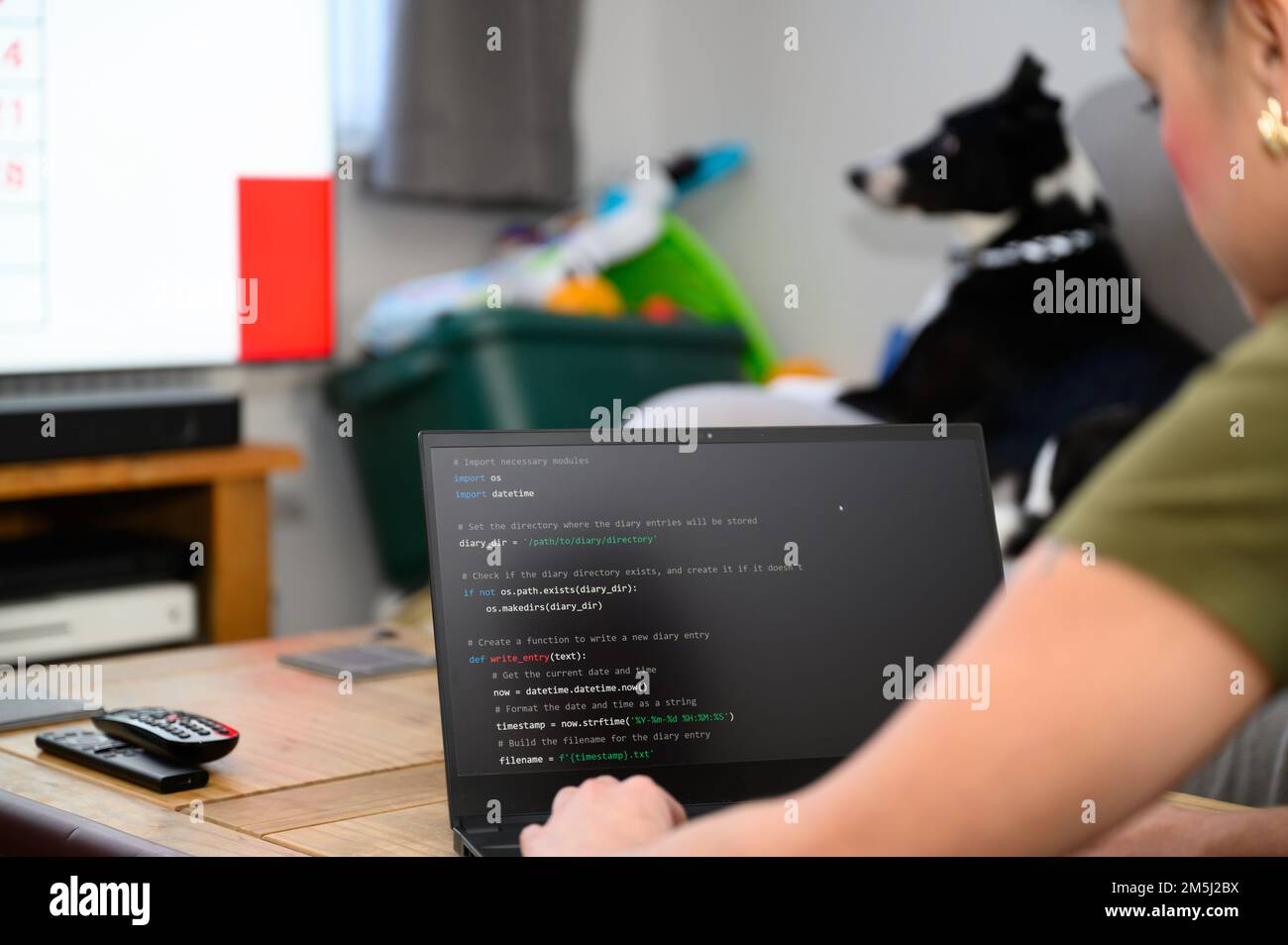 Encodage dans la maison, une femme écrivant le code sur un ordinateur ...