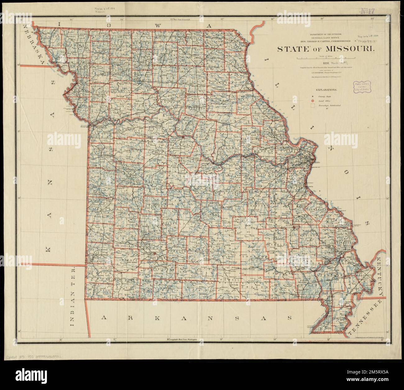 État du Missouri. La carte indique les limites du comté et du canton ...
