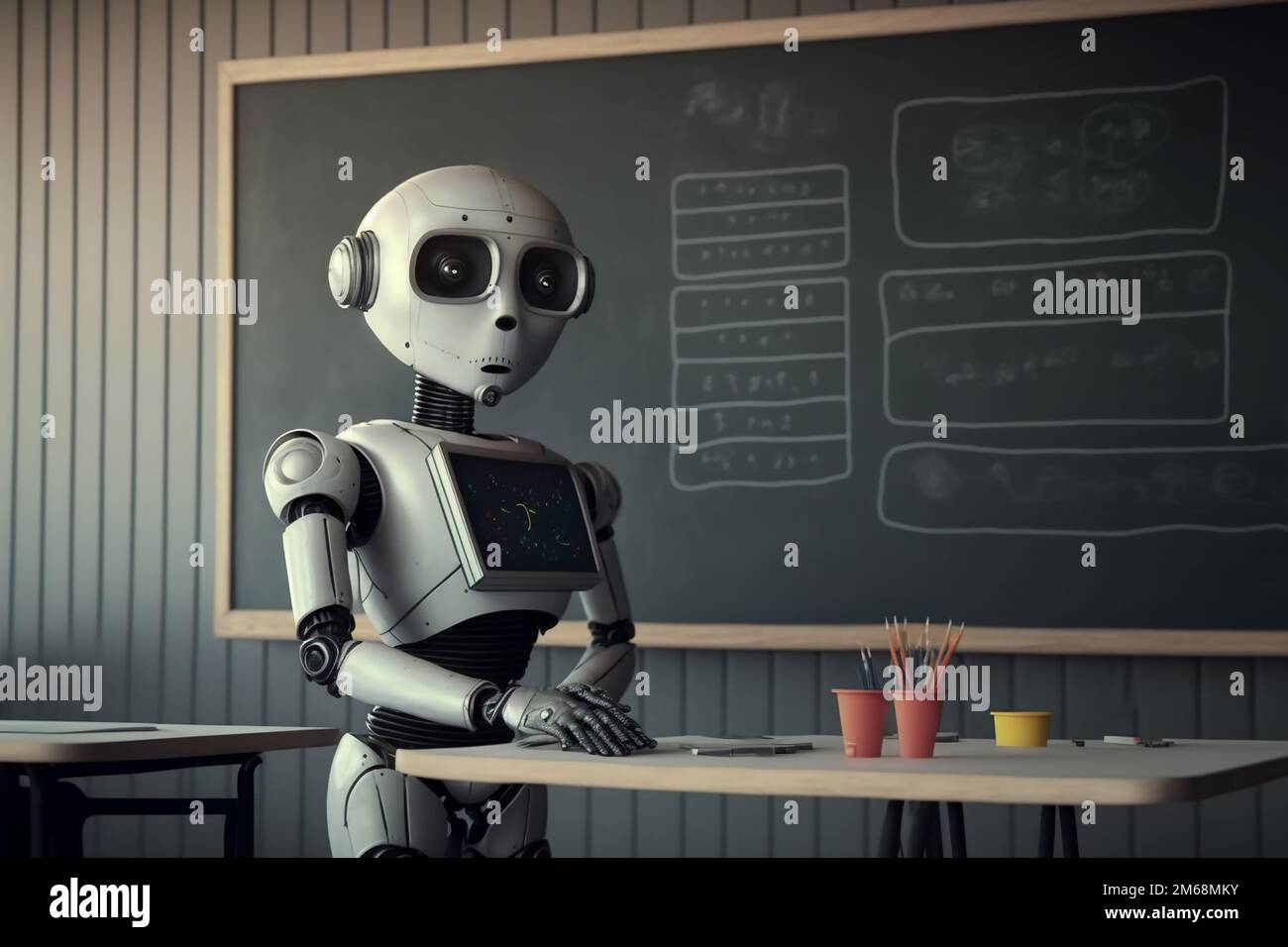 Professeur de robot d'éducation humanoïde devant une école de classe tableau de travail ...