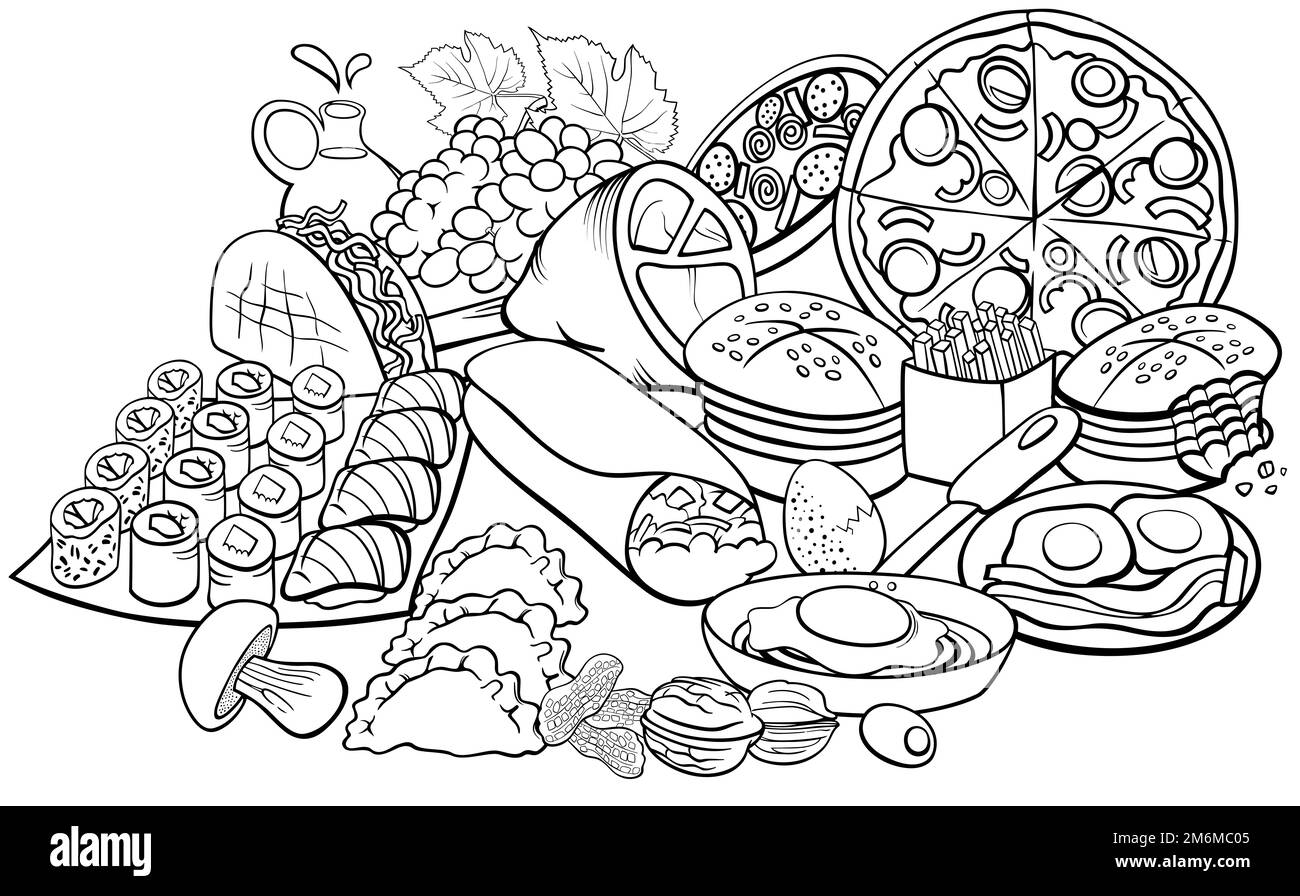 Page de coloriage de dessins animés de groupe d'objets et de plats ...