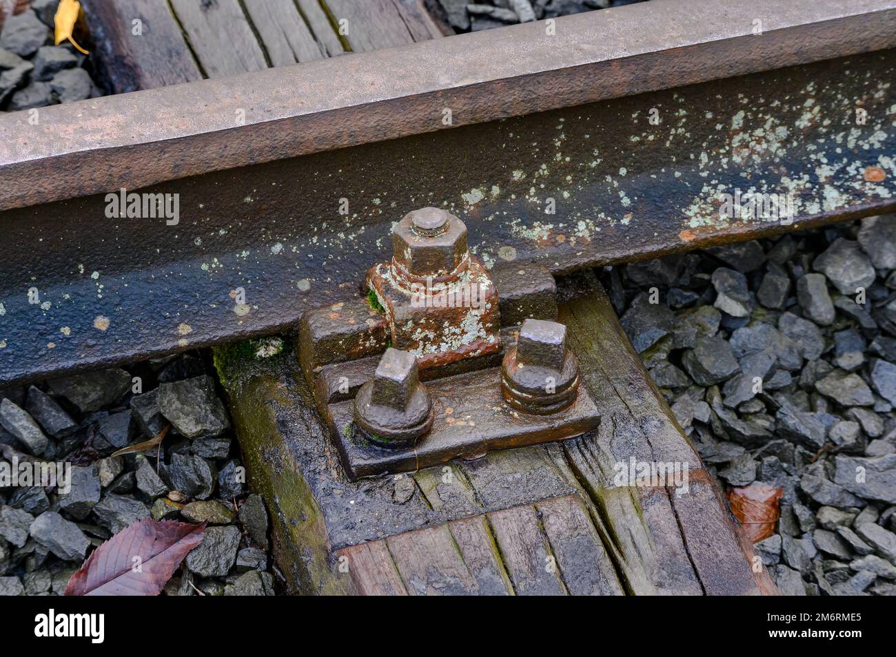Gros plan sur la fixation d'un rail de chemin de fer maintenant le rail ...