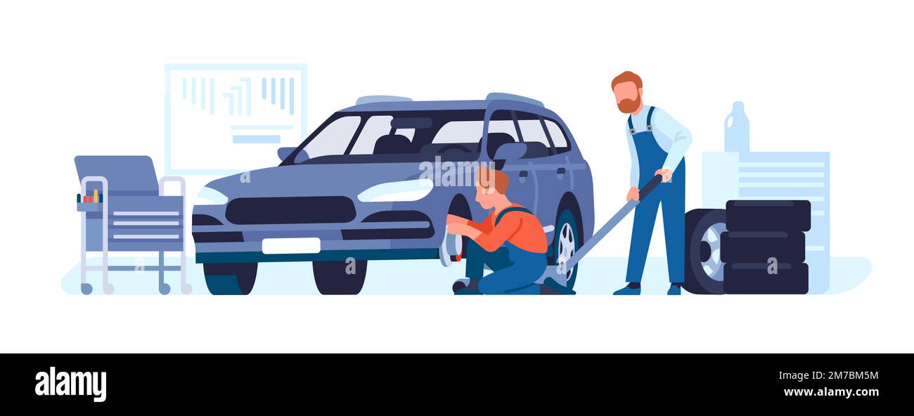 Montage des pneus. Atelier automobile. Changement de pneu par un ...