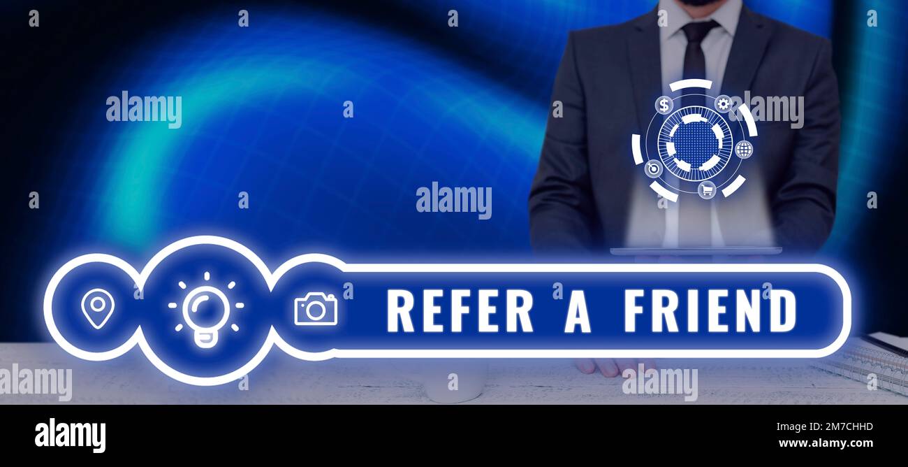 Panneau de texte indiquant recommander Un ami. Présentation commerciale ...