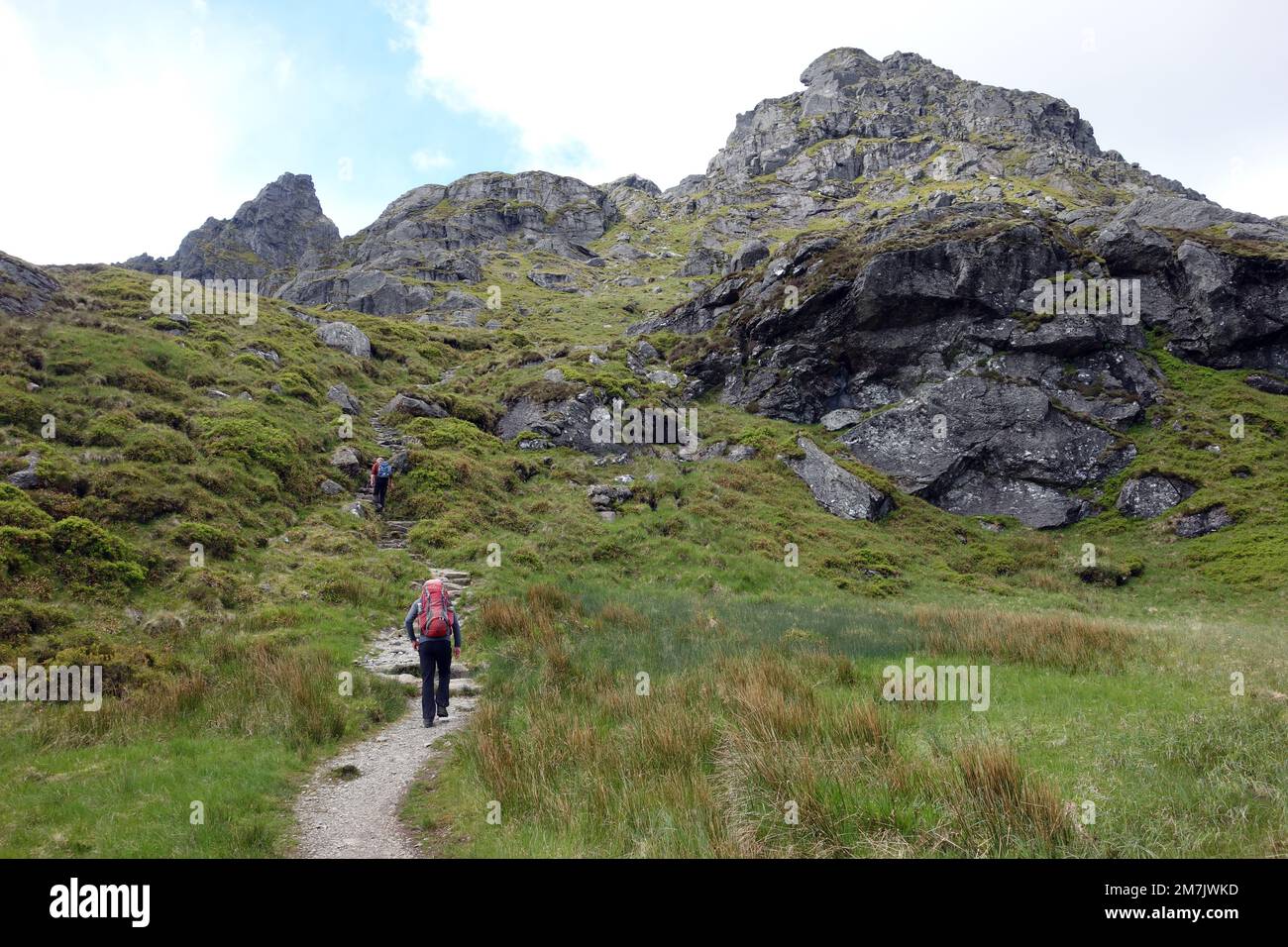 Sentier de randonnée de deux hommes à la chaîne de montagnes écossaise ...