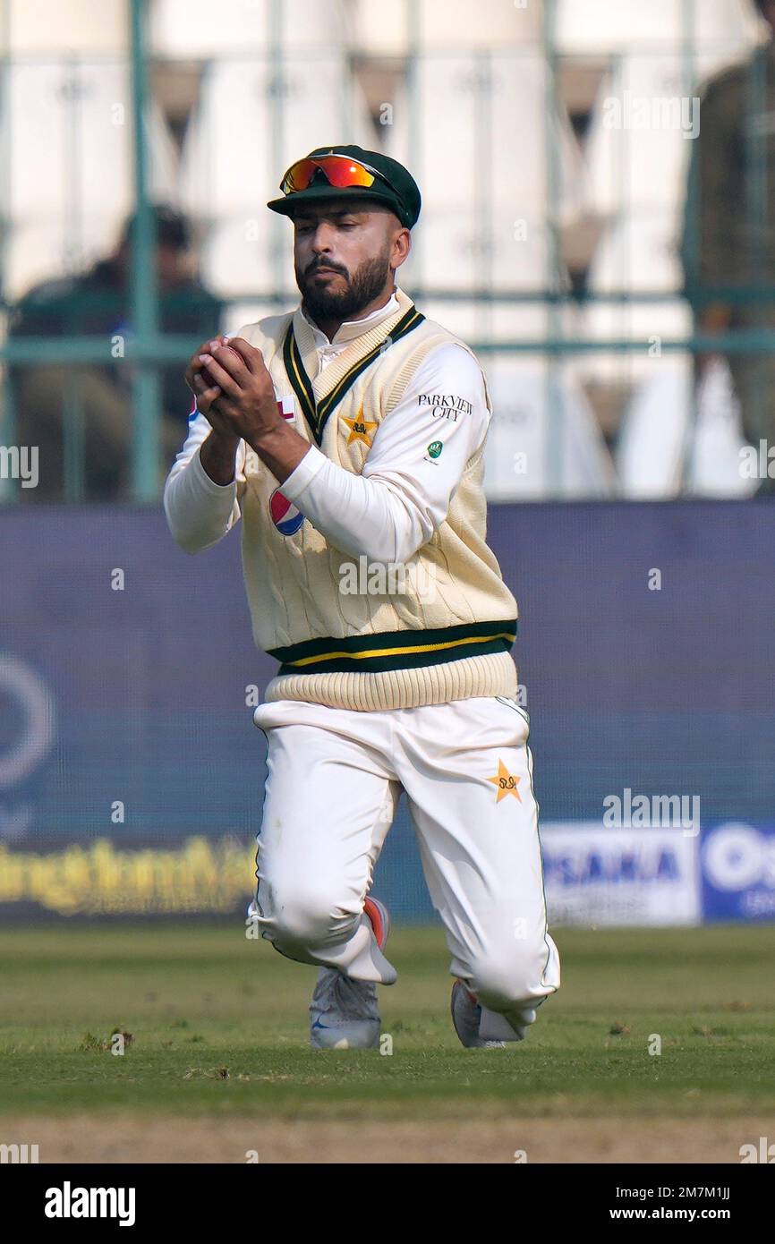Pakistan's Muhammad Nawaz takes the catch of England's Harry Brook ...