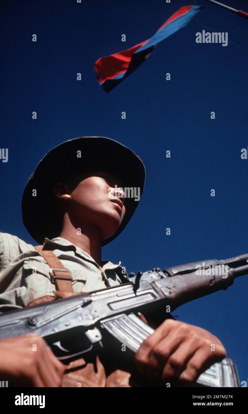 Le soldat Viet Cong se tient sous un drapeau Viet Cong portant son ...