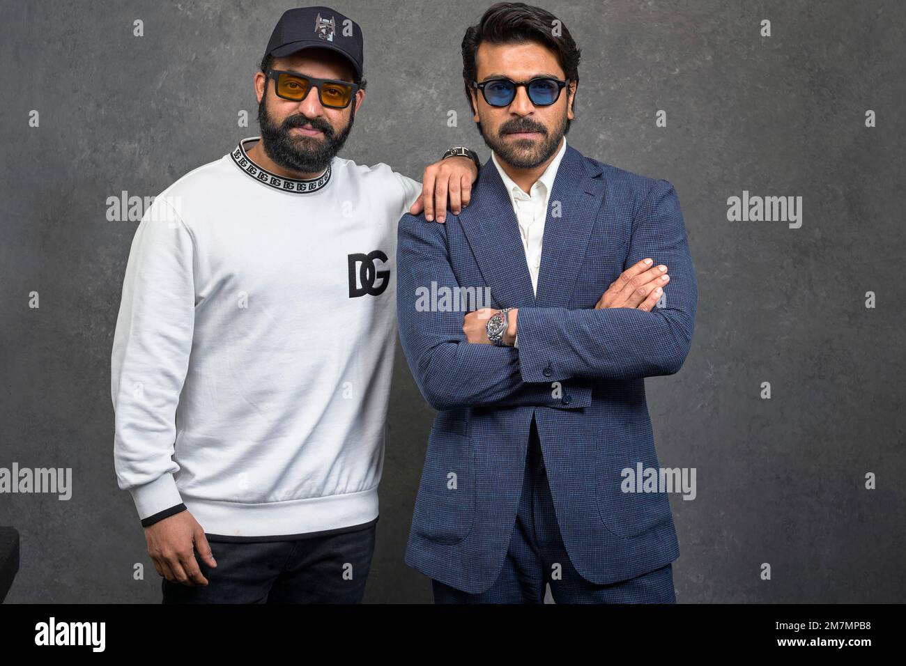 Indian actors N. T. Rama Rao Jr., left, and Ram Charan pose for a photo ...