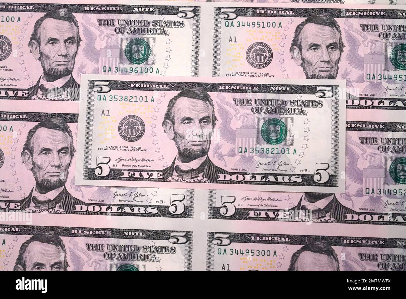 Secretary of the Treasury Janet Yellen's signature is shown on five ...